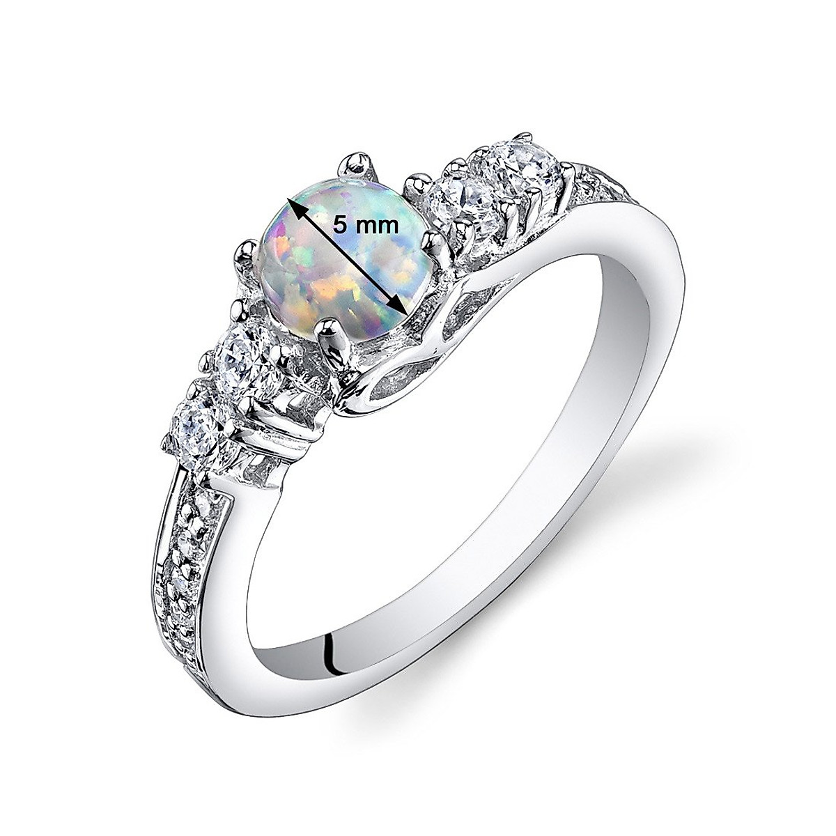PEORA Created White Fire Opal Ring 925 Sterling Silver, Sweetheart Solitaire, Round Shape Cabochon, Comfort Fit, Size 8