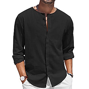 COOFANDY Men Fashion Banded Collar Linen Shirts Button-up Yoga Shirts(Black, Large)