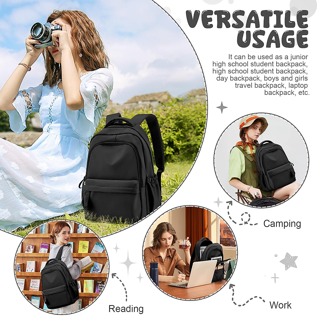 Small Backpack For School Girls Boys Aesthetic Lightweight Travel Daypack Simple Cute Backpack For Women Men Waterproof College High School Bookbag Fit 14 Inch Laptop With USB charging port,Black