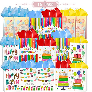 Colodeol 16 PCS Birthday Gift Bags with Handle and Tissues, Gift Bags Assorted Sizes, Medium, Small Size Gift Bag for Kids, Boys, Girls, Women and Men’ Birthdays Party