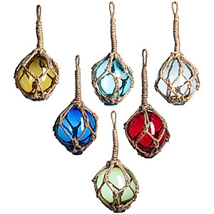 Japanese Glass Fishing Floats Ball - 3" Multicolor (6 Pack) - Glass Buoys with Rope - Japanese Glass Floats - Fishing Float Glass - Glass Float Balls - Glass Ball Float Decor - Nautical Glass Balls