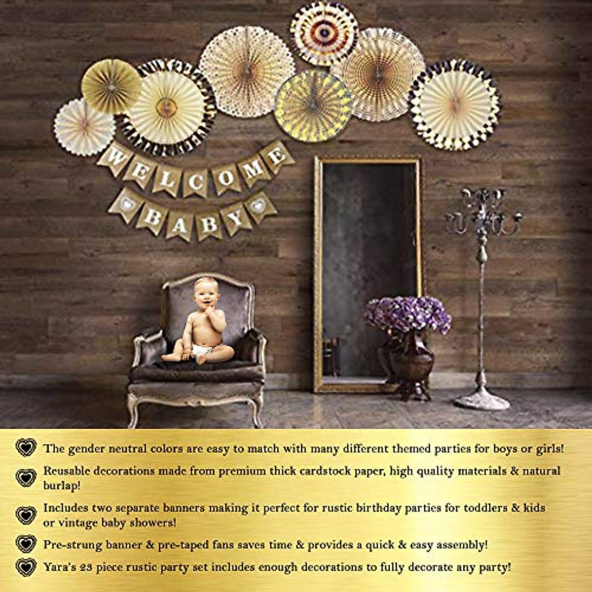 YARA Baby Shower Decorations Neutral | Woodland Rustic Boho Theme Oh Baby Decoration for Girl & Boy, Gender Reveal & Birthdays | Burlap Welcome Baby Banner, Gold & Cream Decor Paper Fans & Tassels