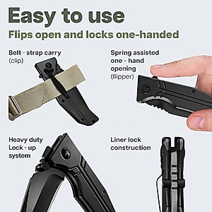 Grand Way Tactical Knife for Men - 3.5" Blade Black Pocket Knife with Pocket Clip Aluminum Handle - Cool Sharp Folding Knives for Military Work Survival Outdoor - Birthday Gifts for Dad 140106 B