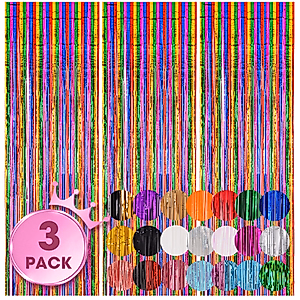 Voircoloria 3 Pack 3.3x8.2 Feet Rainbow Foil Fringe Backdrop Curtains, Tinsel Streamers Birthday Party Decorations, Fringe Backdrop for Graduation, Baby Shower, Gender Reveal, Disco Party