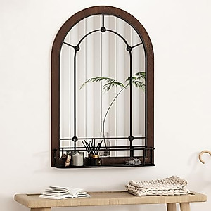 AZODY Arched Window Wall Mirror with Shelf, 36''x24'' Brown Hanging Entryway Mirror, Decorative Mirrors for Wall Decor, Living Room, Bathroom Vanity