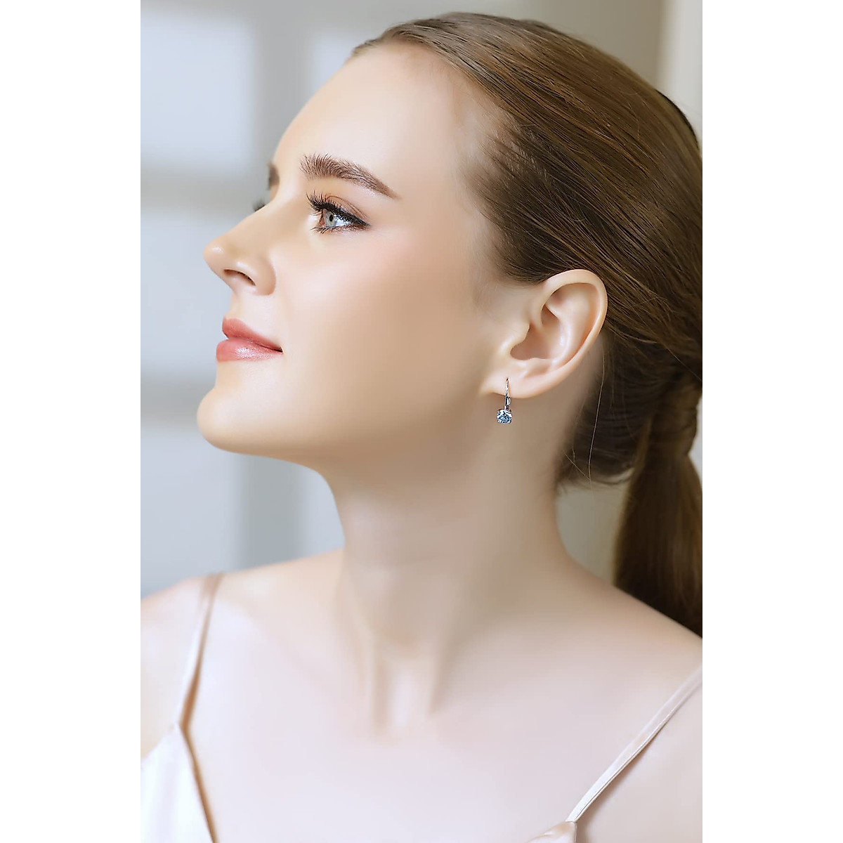 Leverback Earrings for Women Sterling Silver Light Blue Crystal Round-cut Drop Earring for Bridesmaids