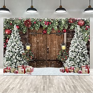 Lofaris Winter Christmas Backdrop Xmas Photography Backdrop Rustic Barn Wood Door Backdrop Xmas Tree Snow Gift Bell Kids Adult Family Supplies Banner Party Baby Shower Decoration Background 9x6ft