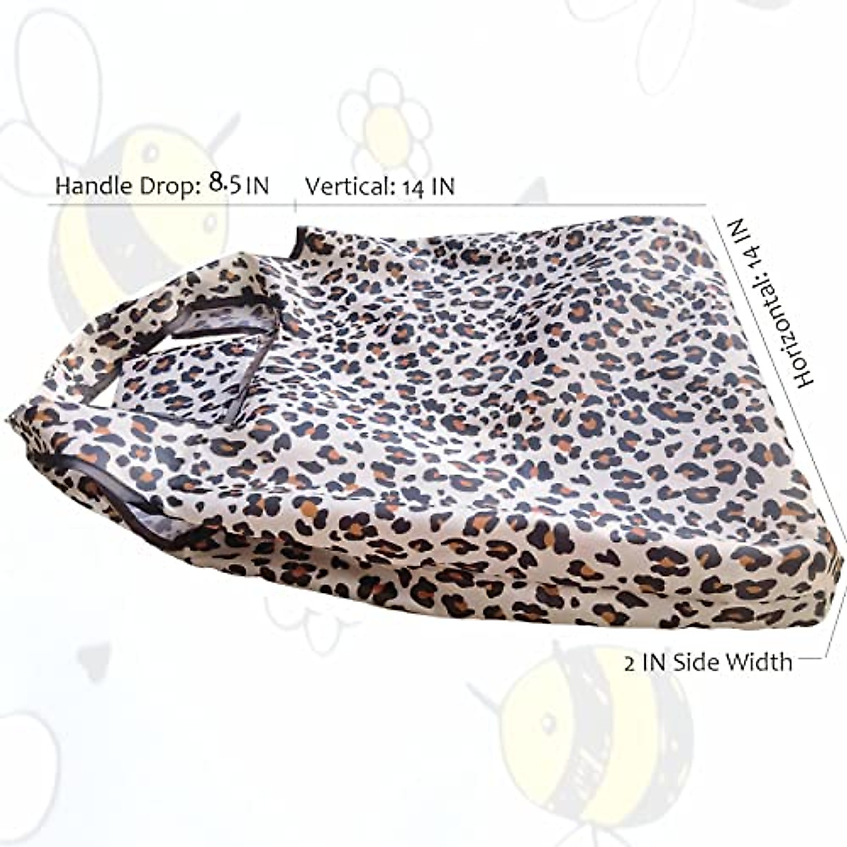 HAPPYHEIDI 4 Pack Bulk Cute Medium Foldable Reusable Grocery Bags Washable Small Shopping Totes, Long Handles, Heavy Duty, Fold-Up Pouch, Leopard Bees Floral Daisy Stripe