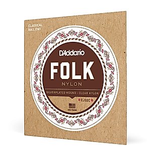D'Addario Guitar Strings - Folk Nylon Guitar Strings - EJ32C Classical Guitar Strings - Nylon Core, Ball End - Silver Plated Wrap, Clear Nylon Trebles