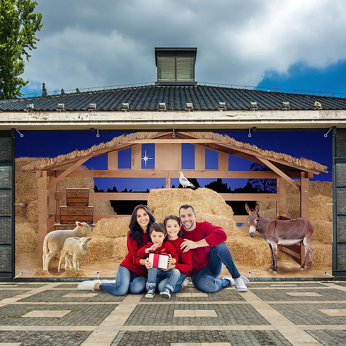 Preboun Christmas Nativity Garage Door Banner Cover Nativity Stable Scene Backdrop Banner Farm Barn Backdrop Christmas Banner Western Photo Backdrop Outdoor Xmas Holiday Winter Party Decor (6 x 13 FT)