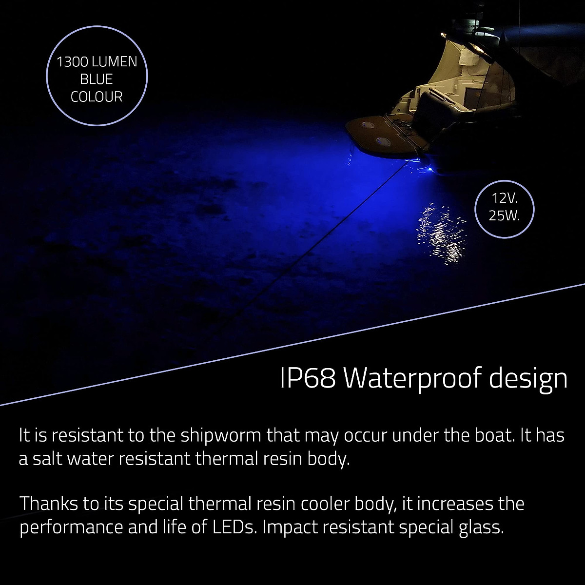 Al Aker Lighting LED Underwater Boat Lights, 25W 12V (Blue, Green, White LED Colour Options), Surface Mount for Boats, Yachts, Cruise Ships, Sailboat, Pontoon, Transom (Blue 1300 lumen)