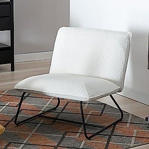 Ya-Home Modern Accent Chair, Upholstered Armless Living Room Chair Lounge Chair Sherpa Fabric with Black Metal Legs Guest Chair for Bedroom Reception Room, White