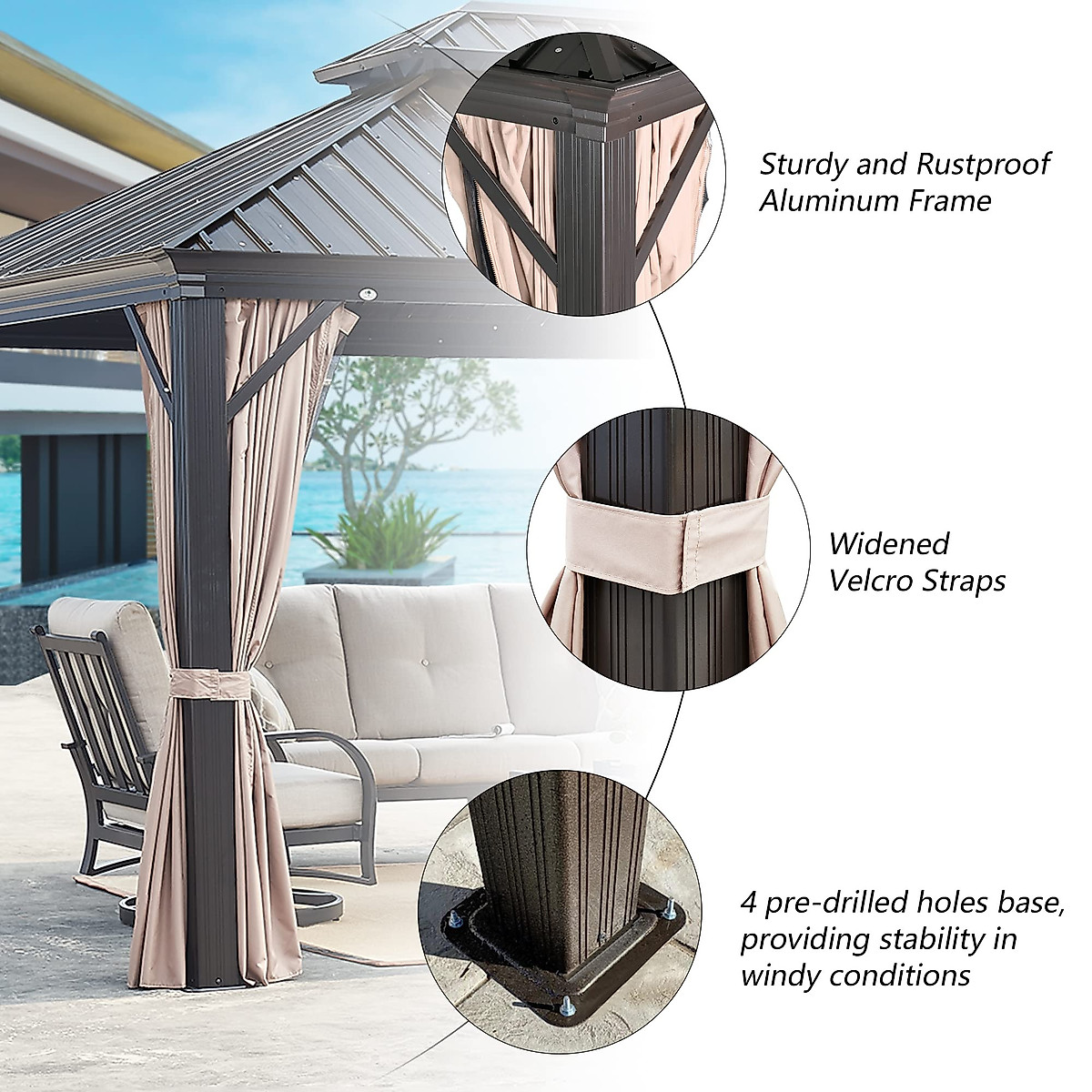 Iwicker 12' x 16' Hardtop Permanent Aluminum Gazebo with Mosquito Netting and Polyester Curtain