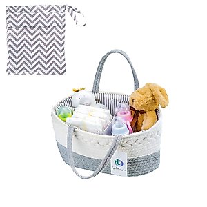 Luxury Care Baby Diaper Caddy Organizer,Rope Nursery Storage Bin for Boys and Girls,Cotton Rope Shower Gift Basket,With Canvas Bag