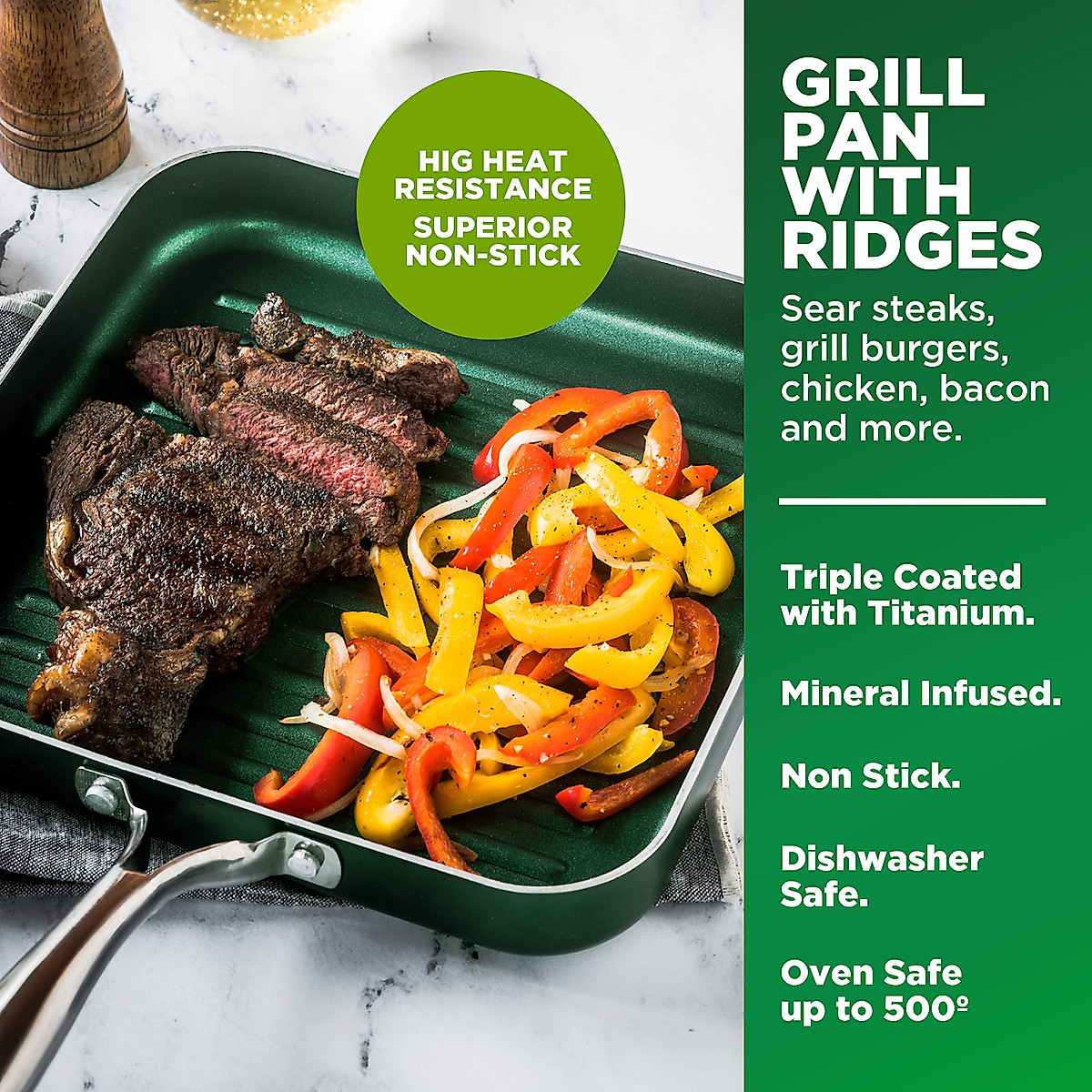 Granitestone Green Nonstick Grilling Pan Diamond Infused, Metal Utensil Sear Ridges for Grease Draining, Stainless Steel Stay Cool Handle, Oven & Dishwasher Safe, 100% PFOA Free, 10.5"