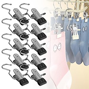 30 PCS Anti-Rust Clip Space-Saving Clothespin Hat Pants Storage Hanging Travel Hook, Heavy Duty Hanging Hooks Clip, 360° Rotating Stainless Steel Hanger Clips Towel Clips (Black, 30)