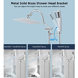 Hibbent All Metal Shower Head, 10'' High Pressure Rainfall Shower Head, Showerhead Combo/Handheld Shower Wand, 12'' Adjustable Curved Shower Extension Arm, 71'' Hose, 2 Shower Head Holders, Chrome