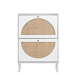 Hayiodda 2 Drawer Natural Rattan Shoe Cabinet, Tipping Bucket Shoe Cabinet with 2 Flip Rattan Doors & Metal Legs for Entryway, White