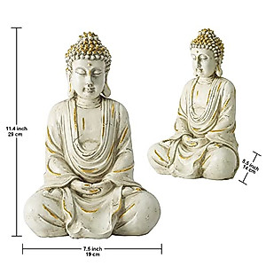 Goodeco 11.4 Meditating Zen Buddha Statue Figurine Sculpture - Indoor/Outdoor Decor for Home,Garden,with Natural Wood Beaded Necklace,Polyresin (White Gold)