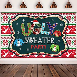 Ugly Sweater Party Supplies Large Fabric Red and Green Ugly Xmas Sweater Party Backdrop for Ugly Sweater Christmas Party Decoration Winter Kids Elfed Photo Booth Background Banner (Dark Color)