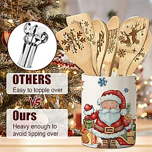 Christmas Utensil Holder Ceramic with 6 PCS Cooking Utensil, Christmas Women Gifts Santa Claus Cooking Utensil Crock Holder for Kitchen Counter Decorations Countertop Spatula Utensil Storage Organizer