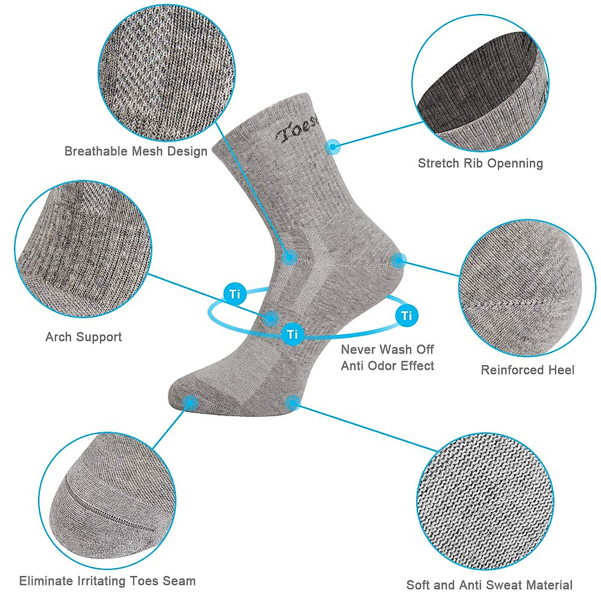 Toes&Feet Men's 6-Pack Grey Anti-Odor Quick-Dry Quarter Crew Athletic Socks, Size 6-12