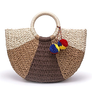 New large retro straw bag classic semi-circle transition color paper rope woven bag picture big