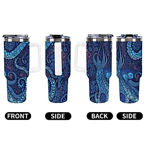 LLUTSNTH 40 Oz Vacuum Tumbler with White Handle Leakproof Insulated Tumbler Blue Octopus Stainless Steel Travel Mug with Lid And Straw Coffee Cup Cute Water Bottles Cup Holder Friendly