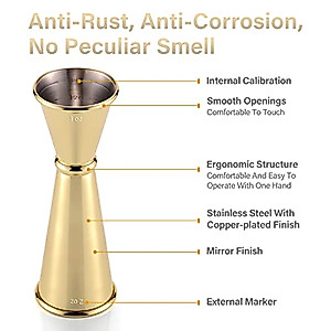 Eligara Japanese Jigger - Cocktail Measuring Double Jiggers for Bartending, Copper Jigger with Measurements Inside - Stainless Steel Bar Tools For Bartenders, Jigger 2 oz 1 oz (Gold)