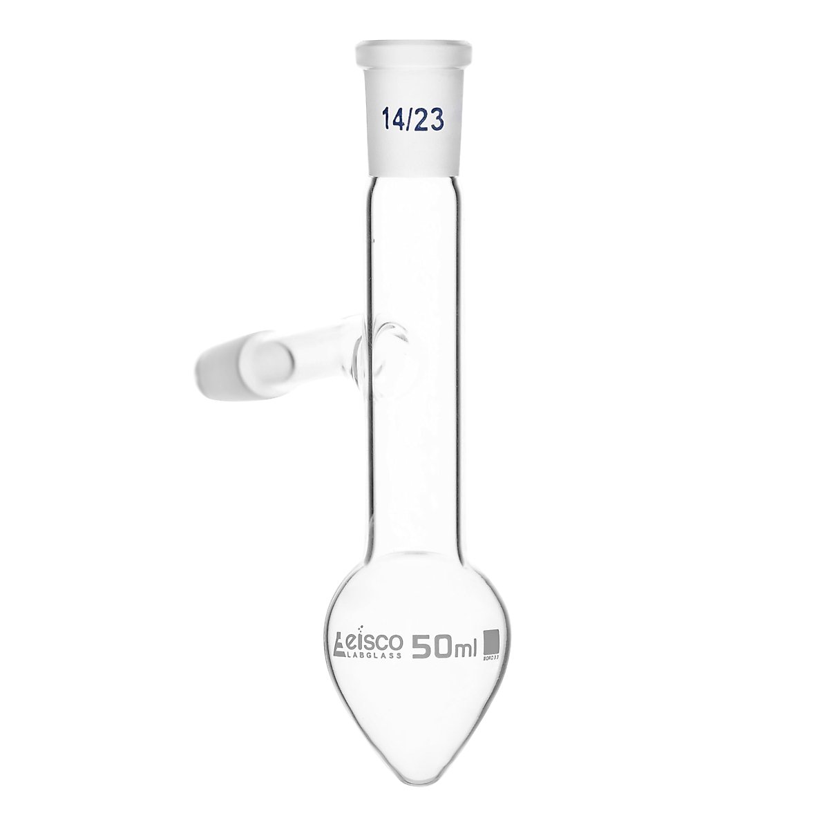 EISCO Distilling Flask, 50ml - 14/23 Joint & Side Socket Borosilicate Glass, Pear Shape Short Neck- Eisco Labs