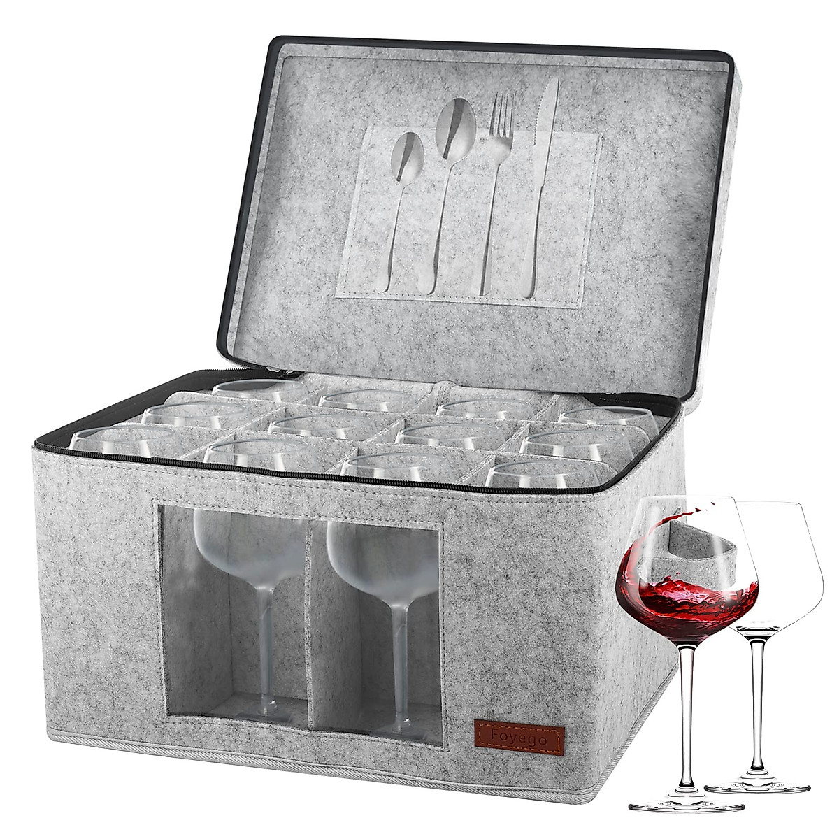 Foyego Wine glass Storage Boxes, Stemware Storage Cases with Divider, China Storage Containers Box for 12 Crystal Glassware,Goblets,Wine Glasses,Drinkware Packing & Moving