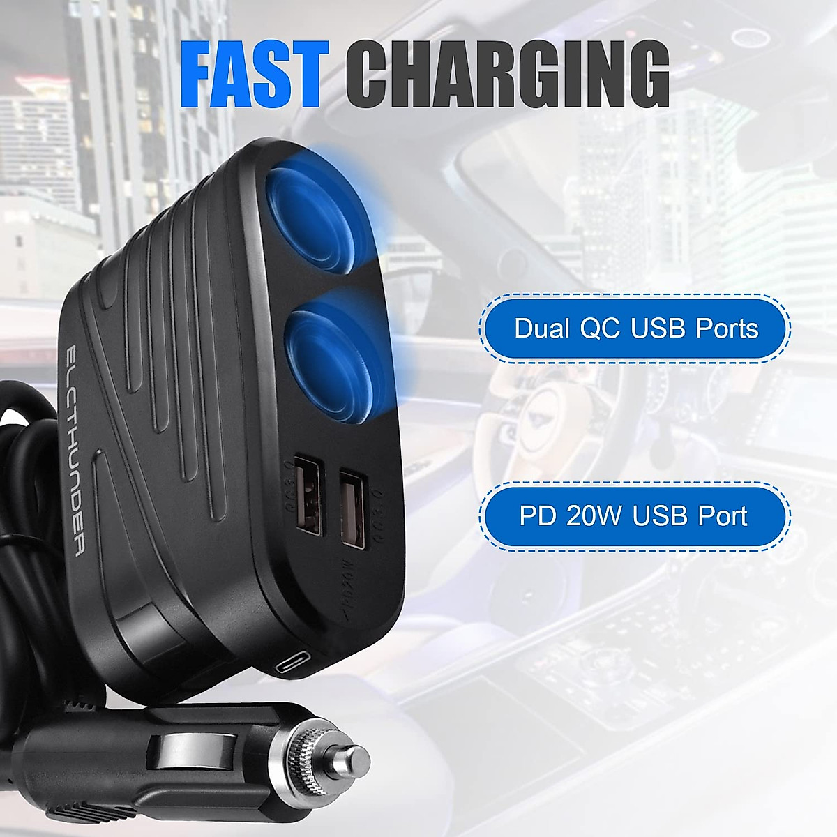 ELCTHUNDER Quick Charge 3.0 Cigarette Lighter Splitter, 2-Socket Car Charger with 27 Inches Extension Cable, 120W 12V/24V Car Charge Splitter with PD 20W Type-C Port for Phone GPS Dashcam
