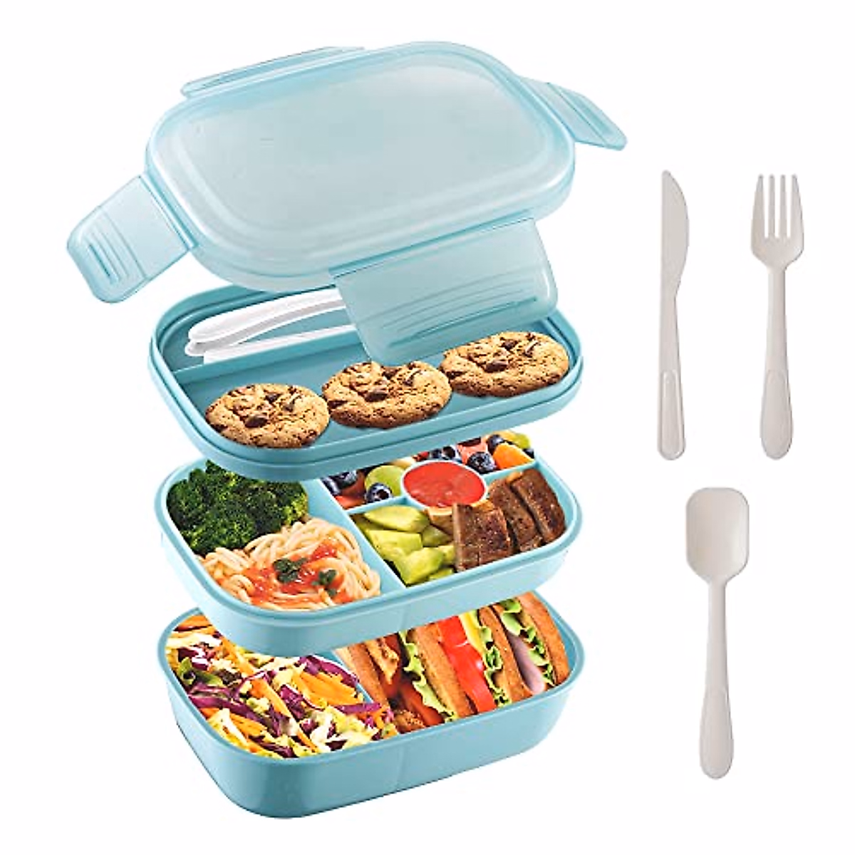 Large Capacity Bento Box Lunch Box,3 Layers Stackable Bento Lunch Containers for Adults/Kids, Built-in Utensil Set, Bento Lunch Box for Dining Out, Work, Picnic,Light Blue