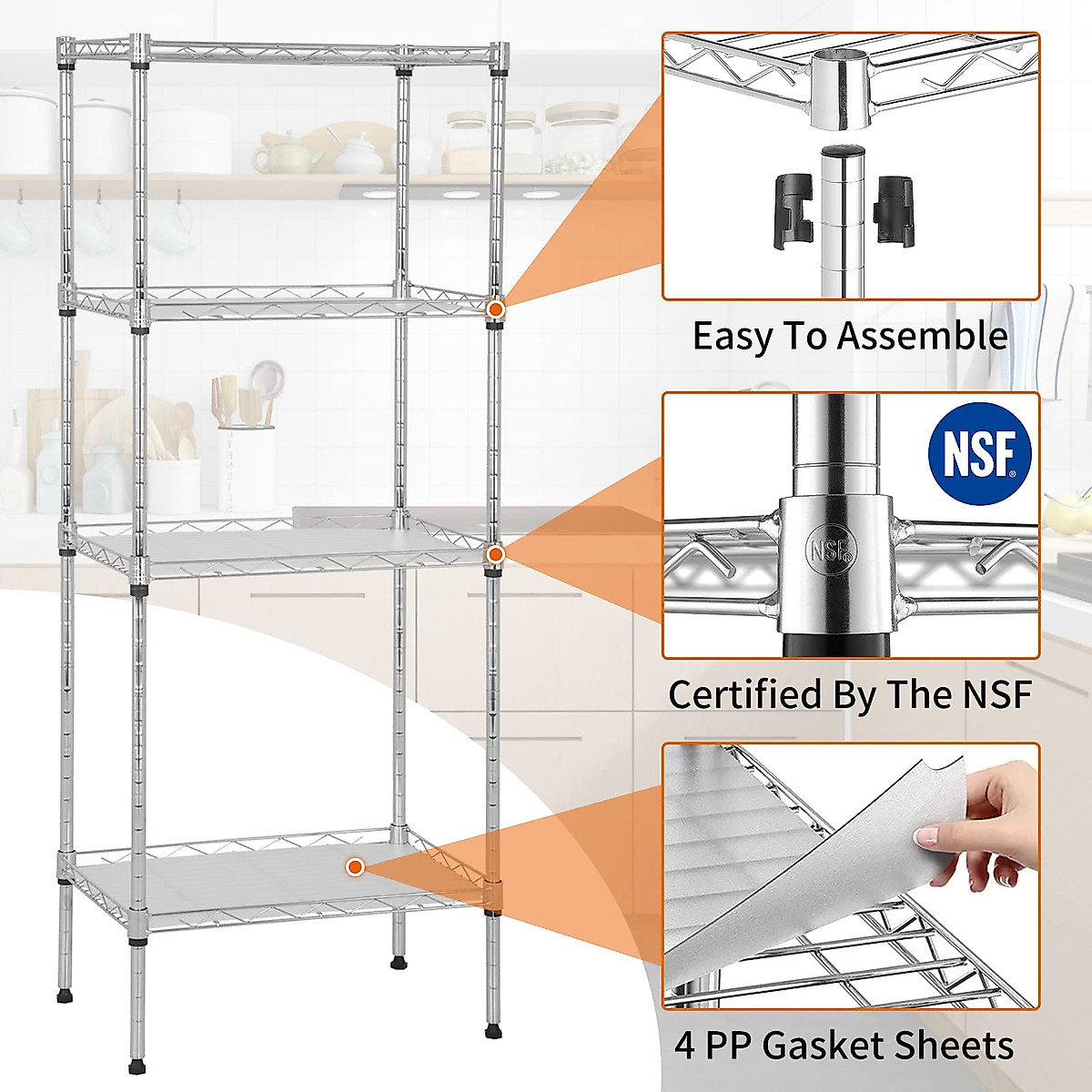 BLKMTY 4 Tier Wire Shelving Unit Kitchen Shelf Adjustable Storage Shelf Metal Microwave Rack NSF Shelf w/PP Sheets 11.4" D x 17.3" W x 43.9" H Steel Utility Shelves for Pantry Laundry, Silver