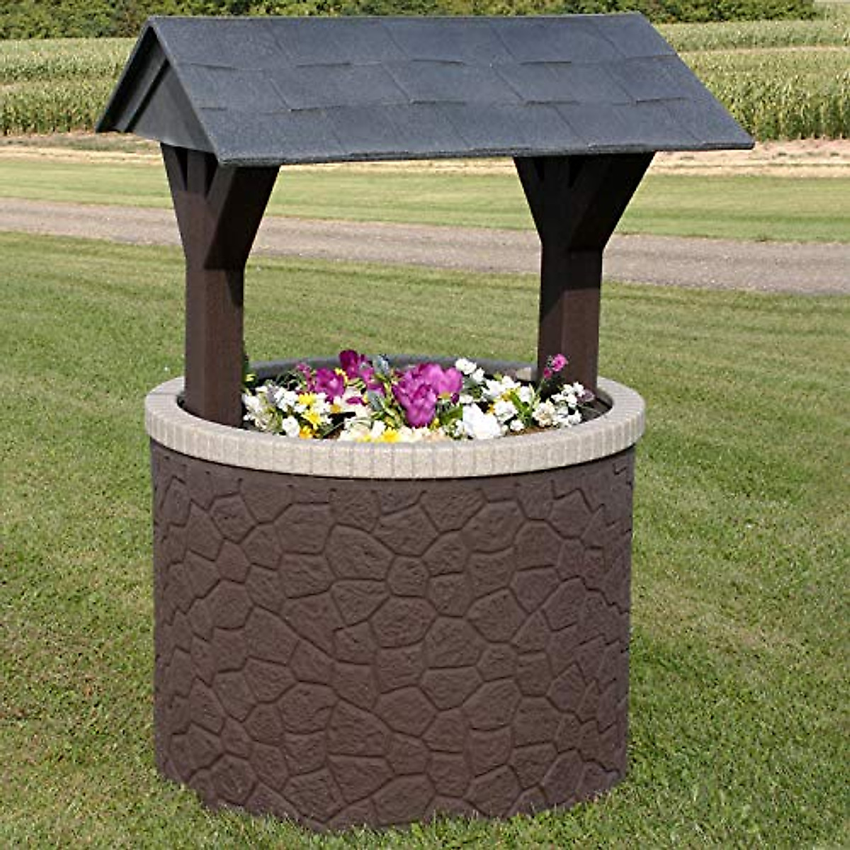 TankTop Covers Decorative Wishing Well Septic, Well, Lawn and Garden Enclosure Cover with 5-Inch Deep Planter with Brown Base - Dark Granite Roof