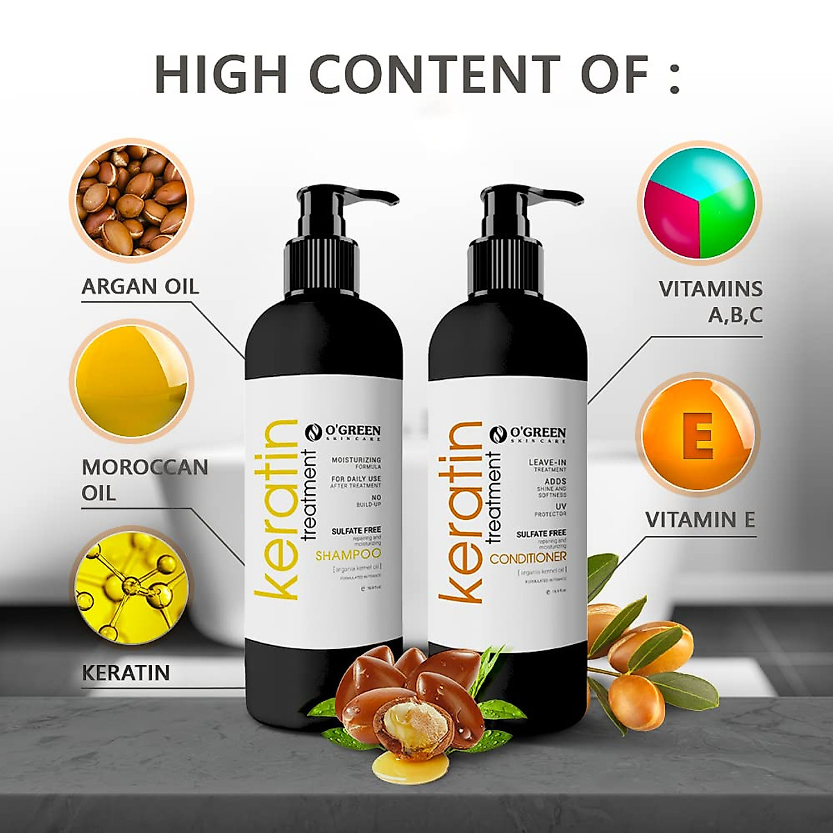 Keratin Shampoo and Conditioner Pump Set - Argan Oil for Dry Thinning Hair, Sulfate Salt Parabens Free - Anti Frizz - Clarifying And Protective Keratin Complex