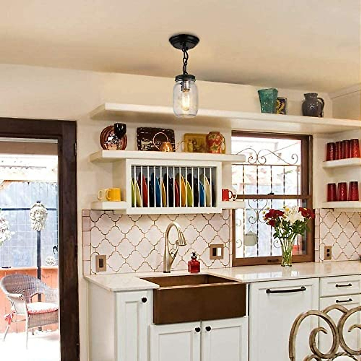 LNC Flush Mount Light Fixture,Farmhouse Mason Jar Pendant A03220, Single Ceiling