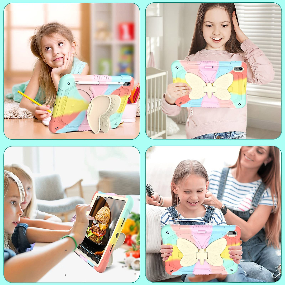 Ambison Case for iPad 10th Generation 2022 10.9 inch for Kids Girls with 9H Tempered Glass Screen Protector, Rugged Heavy Duty Shockproof Protective Case with Butterfly Stand,Carrying Strap-Multicolor