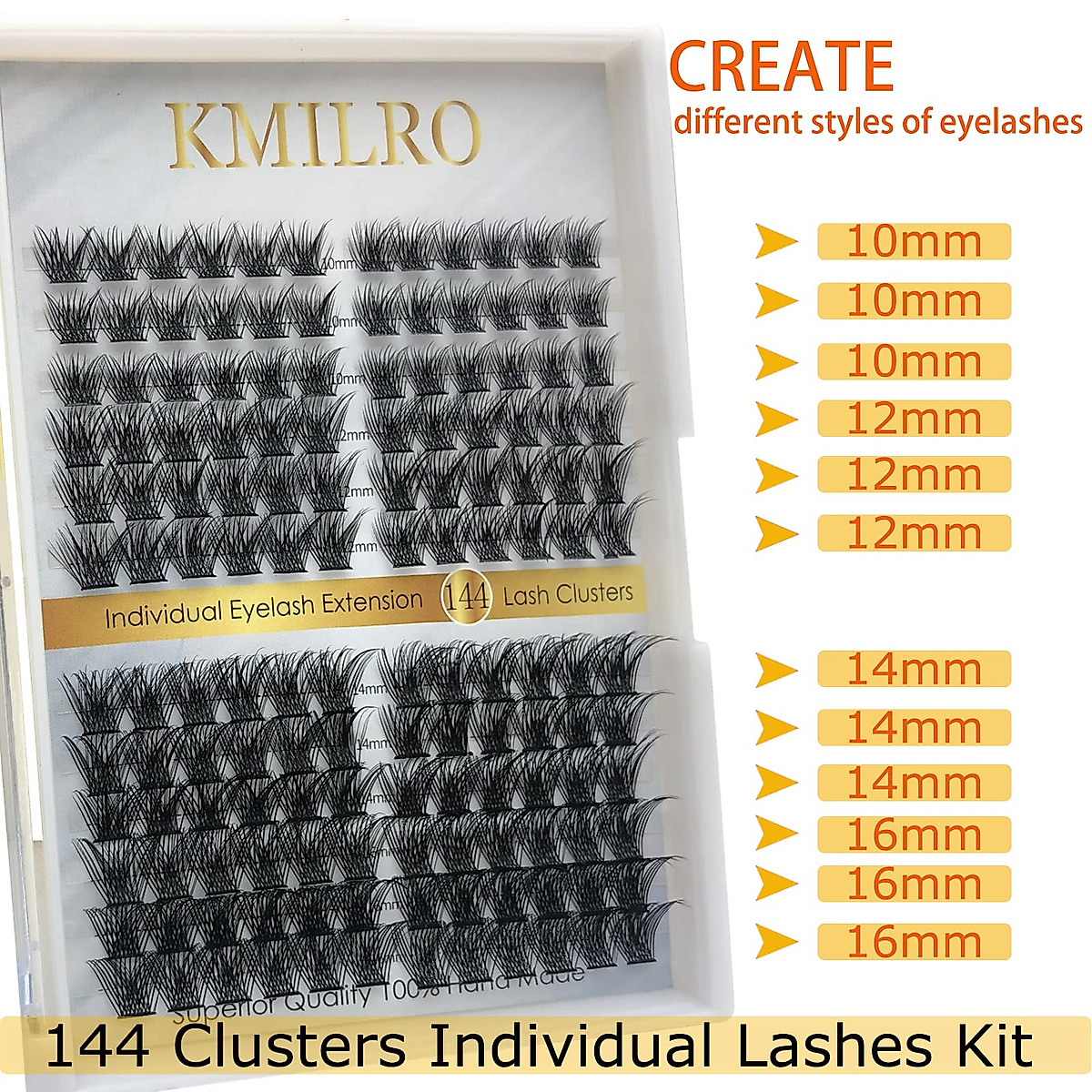 Lash Clusters 144 Pcs Cluster Lashes DIY Eyelash Extensions C D Curl 10-16mm Mega Volume Fluffy Individual Lashes Wispy Eyelashes DIY at Home, by Kmilro (Volume, 0.07C-10-16mm Mix)