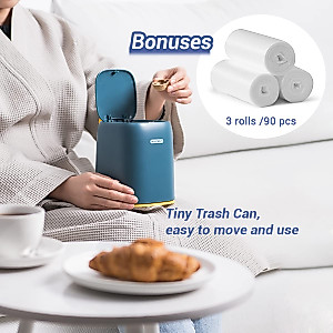 GILIF Tiny Desktop Trash Can with Lid,Mini Waste Bin with Push Button Cover with 90pcs Trash Bags,Modern Cute Small Little Plastic Countertop Garbage Bin for Car,Bathroom,Kitchen,Laundry Room (Blue)