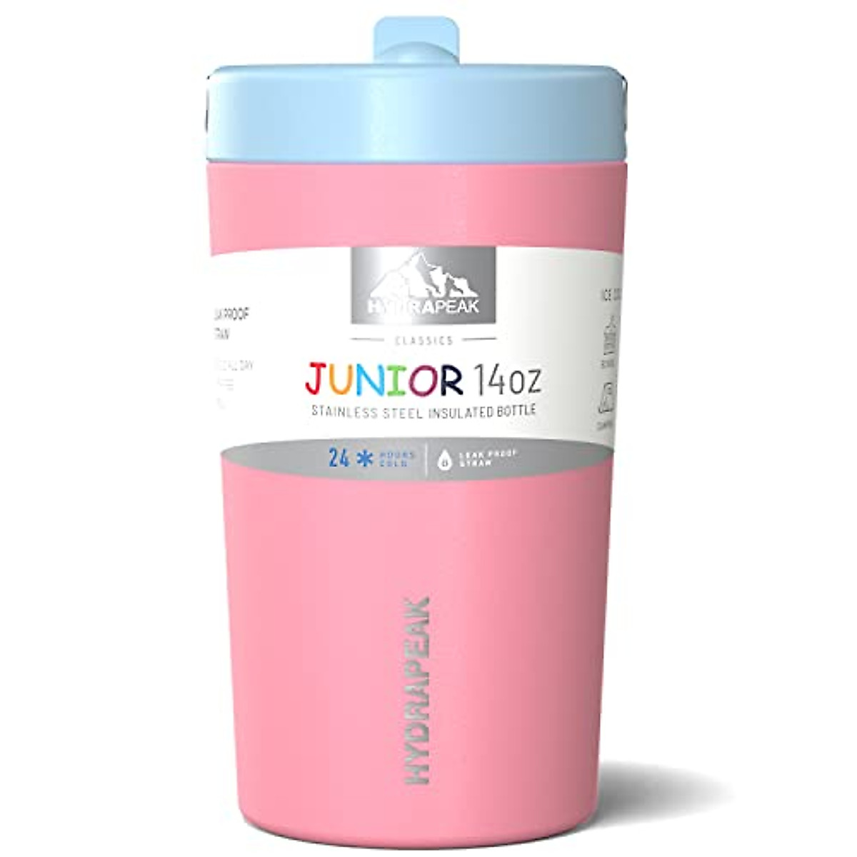 Hydrapeak Junior 14oz Insulated Kids Water Bottle with Straw Lid - Stainless Steel Double Walled and Leak-Proof Insulated Kids Water Bottle for School (Bubblegum/Cloud)
