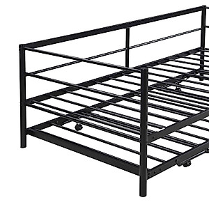 ATY Twin Size Daybed with Adjustable Pop Up Trundle, Sturdy Metal Bedframe w/Safety Guardrail, Perfect for Dorm,Guest Room, Bedroom, Easy Assemble, Black