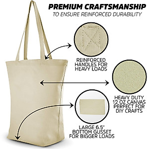 Jesty Crafts Heavy Duty Large Canvas Tote Bag with Large Bottom Gusset - 4 Pack of 12oz Reusable Canvas Grocery Bags - Perfect Canvas Bags for Crafts, HTV, Groceries, Shopping - 16H X 16W x 6.5D inch