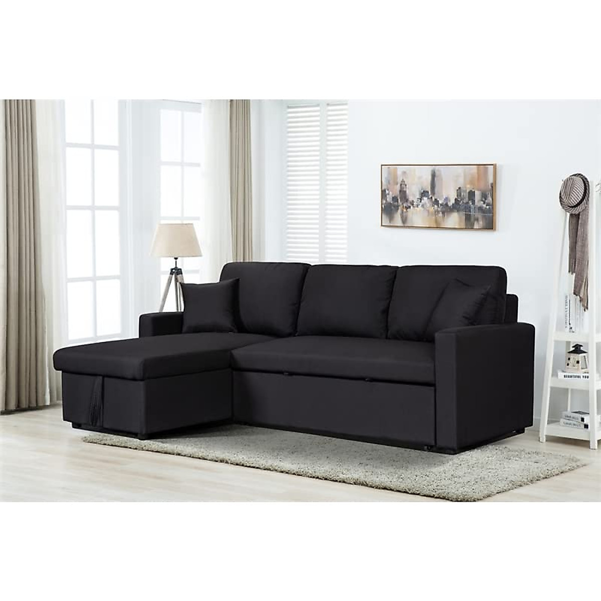 Pemberly Row Black Fabric Reversible Sleeper Sectional Sofa w/Storage Chaise