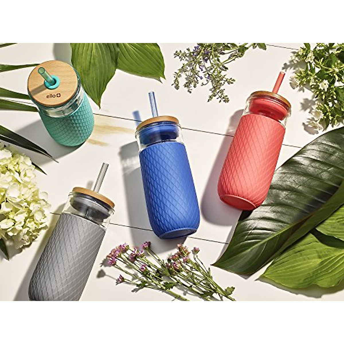 Ello Devon Glass Tumbler with Protective No Sweat Silicone Sleeve and Splash Proof Wooden Detail Lid with Straw, 18 oz