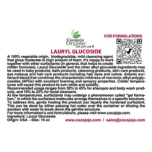 Dr Joe Lab Lauryl Glucoside Natural Surfactant - Surfactants for Soap Making, Lauryl Glucoside, DIY Shower Gel, Skin Care, Body and Face Wash, Plant Derived, Natural - 16 Oz
