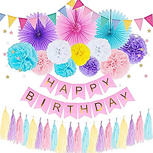 ELOPELY Pastel Colors Decor Baby Shower Decorations Macaron Candy Color Birthday Party Supplies Birthday Decorations, Pom Pom Tassel Banner Garland (Purple, Pink)