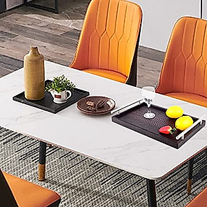 Faux Leather Rectangle Serving Tray with Polished Silver Metal Handle for Coffee Table,Cup,Fruit,Food Tidy Up Container,Console Table Living Room Kitchen Serve Tray,Home Decoration Tray (Brown)