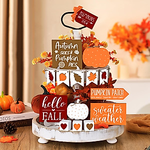 Sumind 15 Pcs Fall Tiered Tray Decor Set Hello Fall Decor Autumn Wood Signs Thanksgiving Orange Brown Table Signs Farmhouse Wooden Maple Pumpkin Gnomes Tabletop for Festival Home Decor(Autumn)
