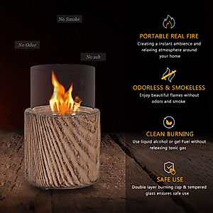 PHI VILLA Terra Fab Round Mini Tabletop Fireplace Indoor Outdoor Portable Tabletop Fire Pit Bowl Burning Ethanol or Gel Fuel w/Fire Cover & Windshield for Balcony or Living Room, Brown